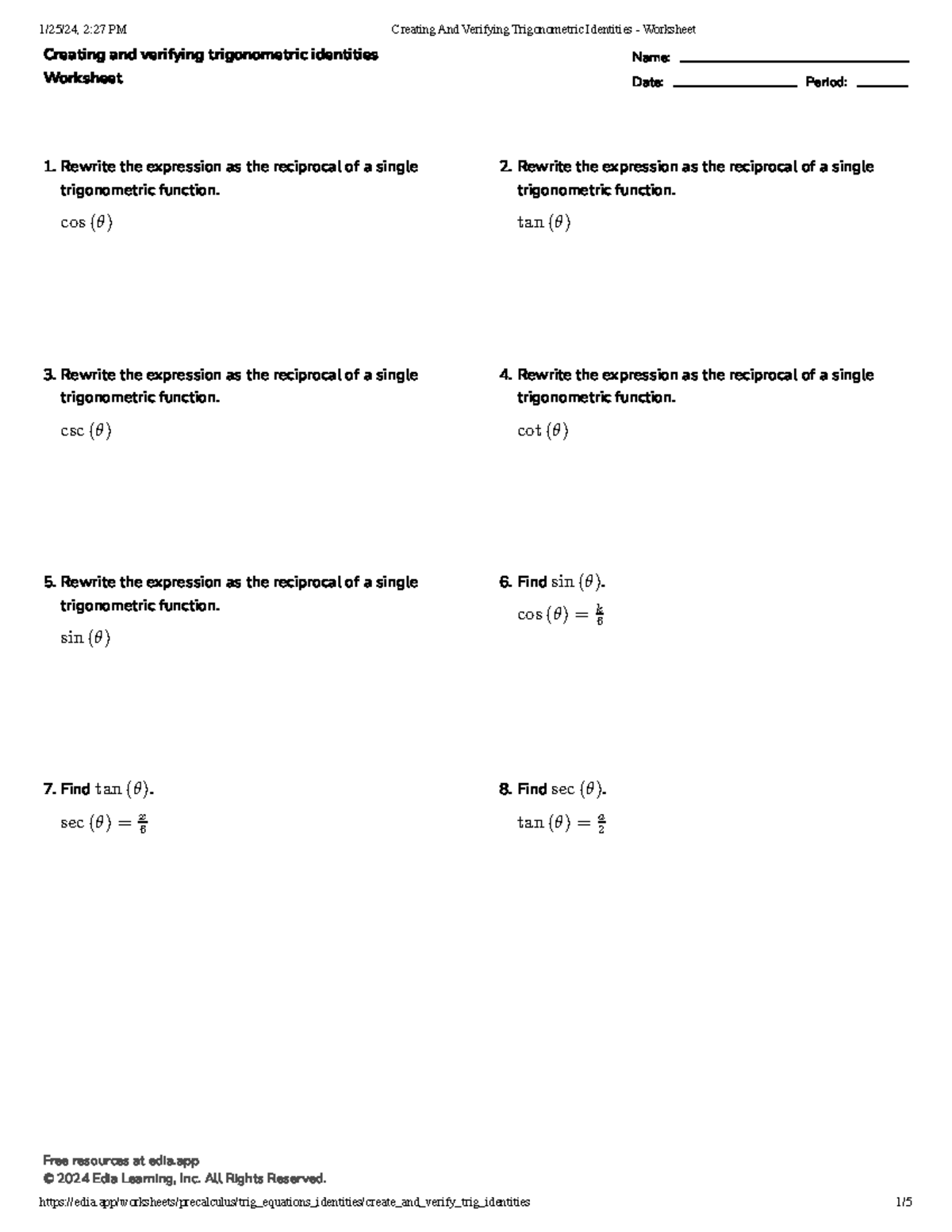 Creating And Verifying Trigonometric Identities - Worksheet - Creating ...