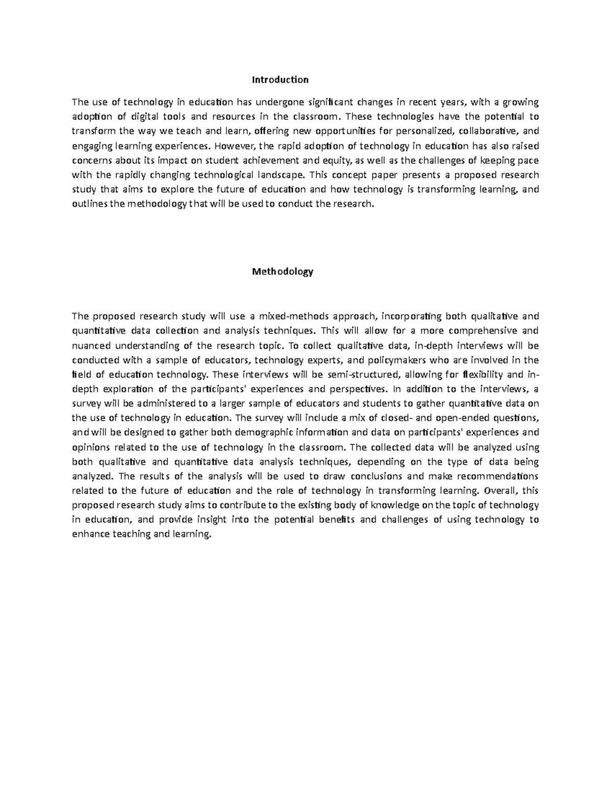 Concept paper - Introduction The use of technology in education has ...