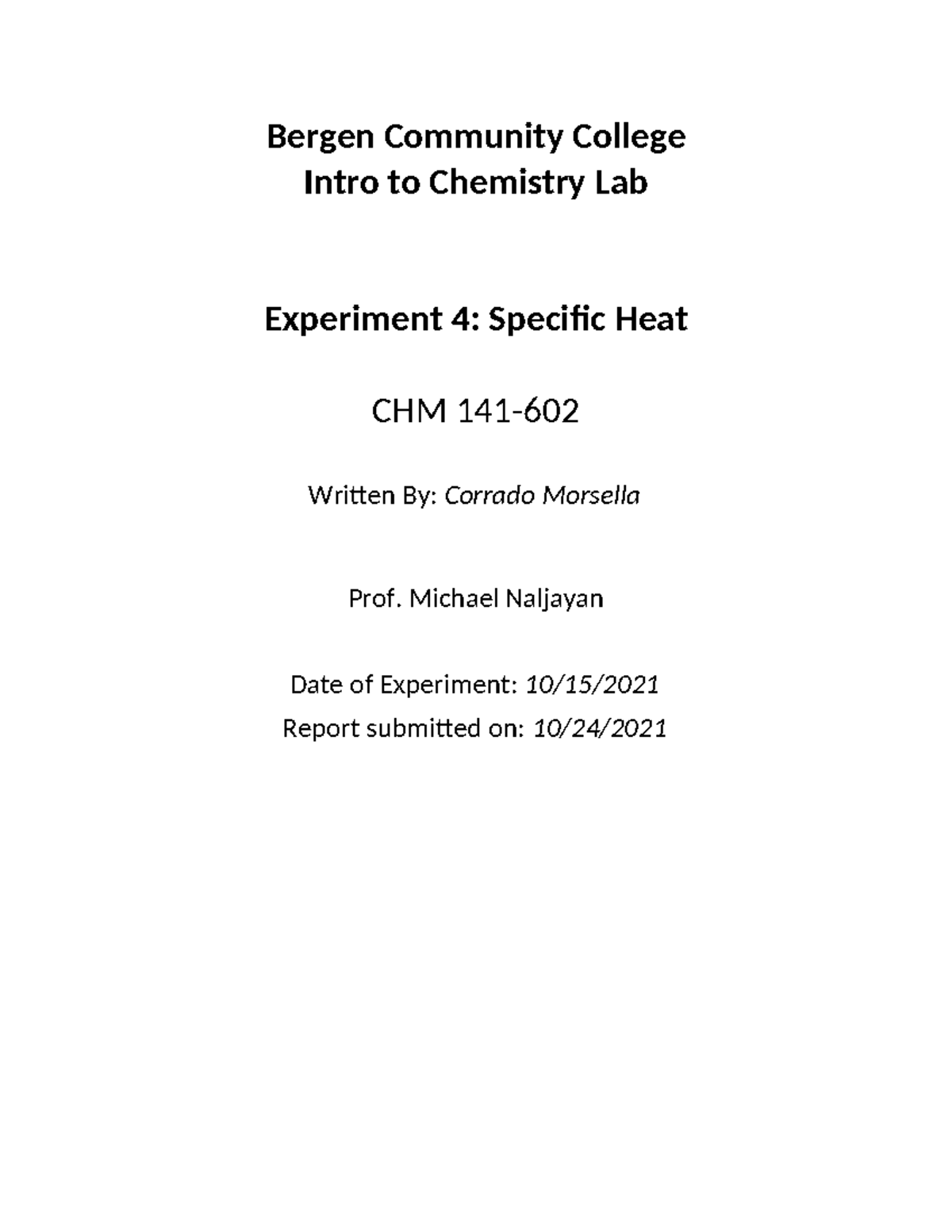 Experiment 4 Specific heat - Bergen Community College Intro to ...