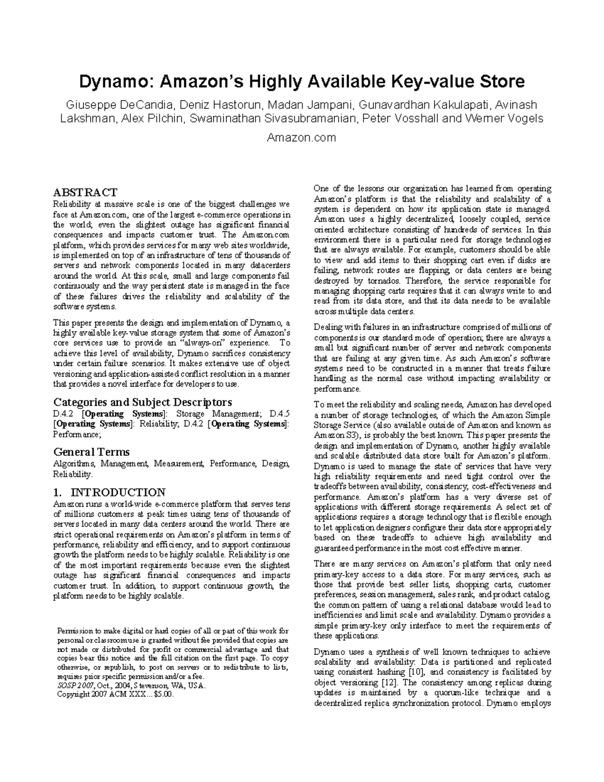 Dynamo amazons highly available key value store - Dynamo: Amazon’s ...