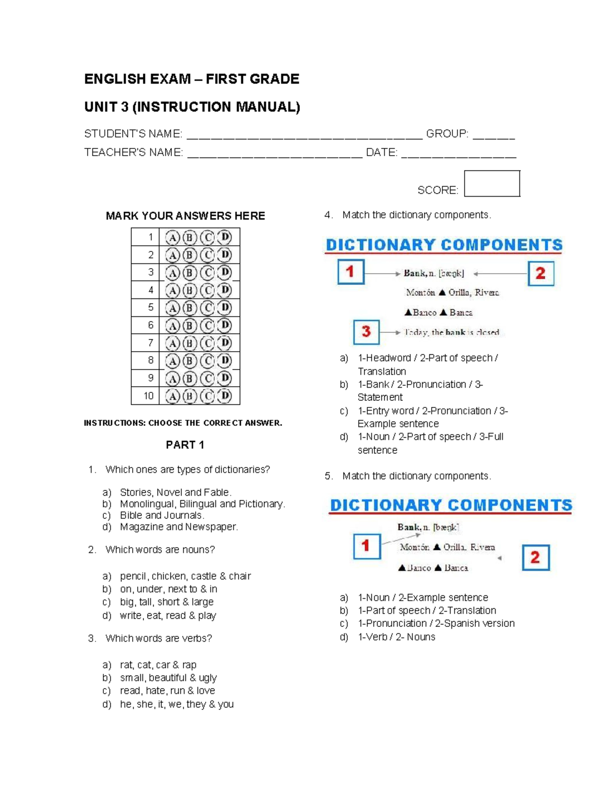 399806507-English-test - ENGLISH EXAM – FIRST GRADE UNIT 3 (INSTRUCTION ...