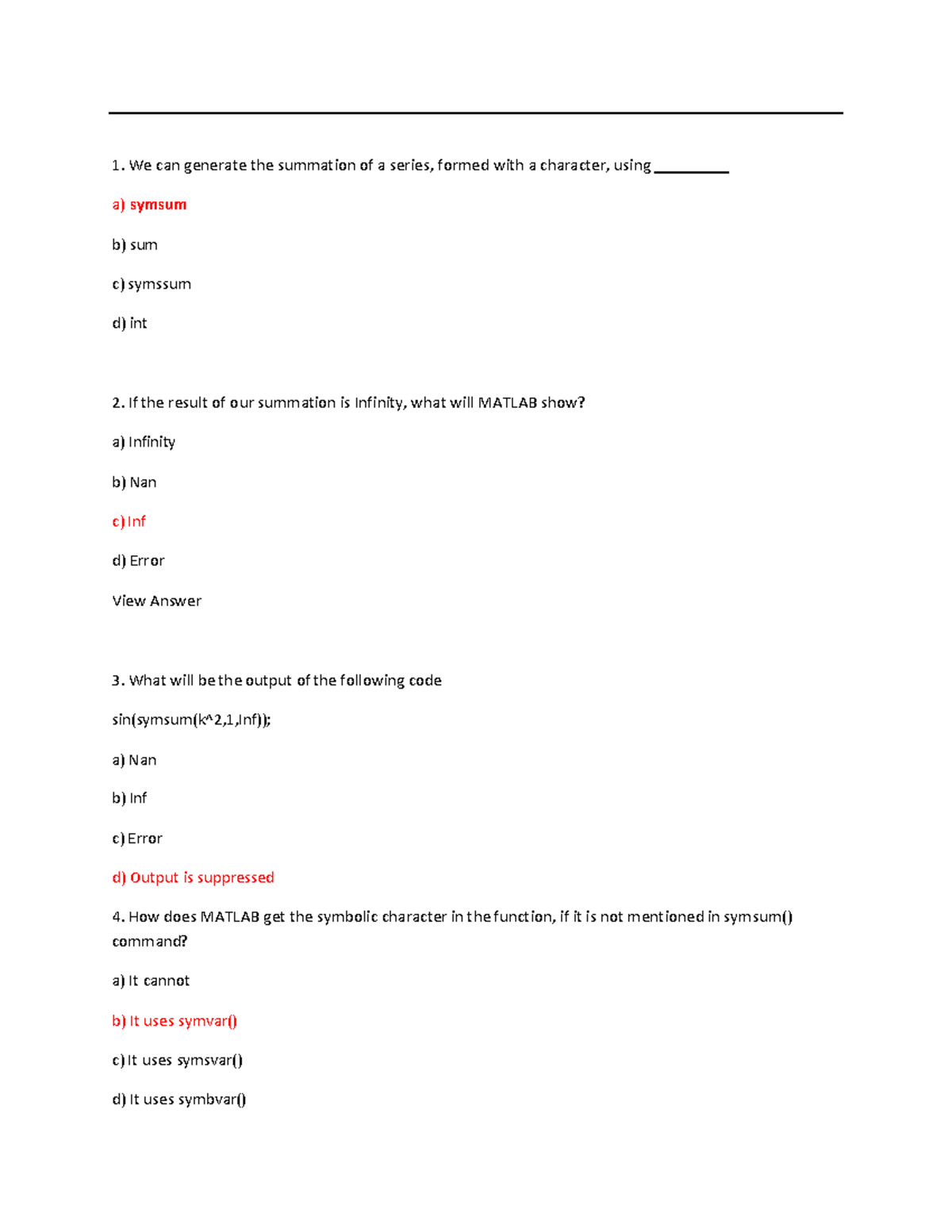 ALL MCQS OF Matlab & Mathematica - ####### 1. We can generate the summation of a series, formed ...
