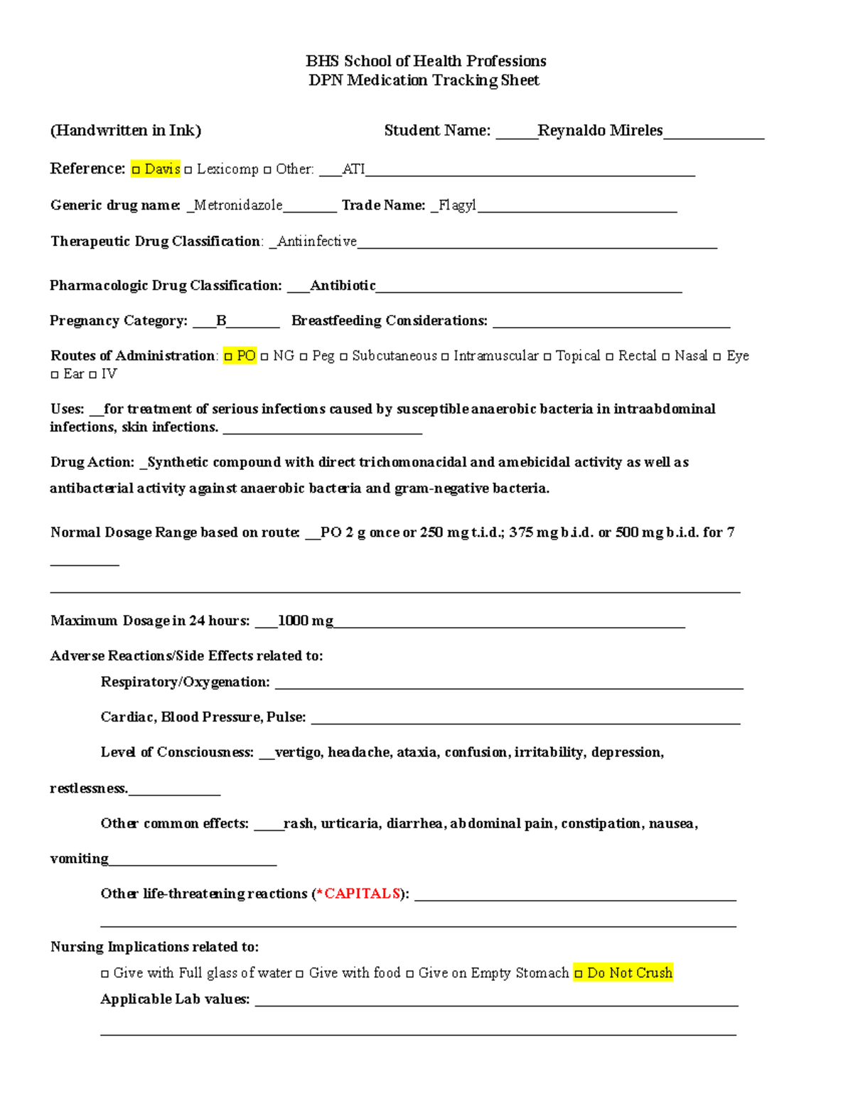 Flagyl - medication - BHS School of Health Professions DPN Medication ...