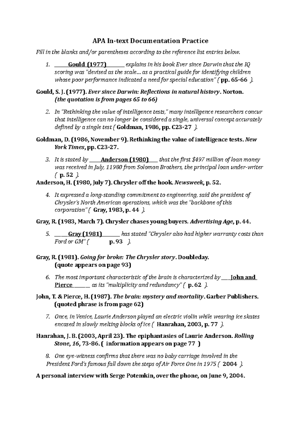 APA In-text Citation Answers - APA In-text Documentation Practice Fill ...