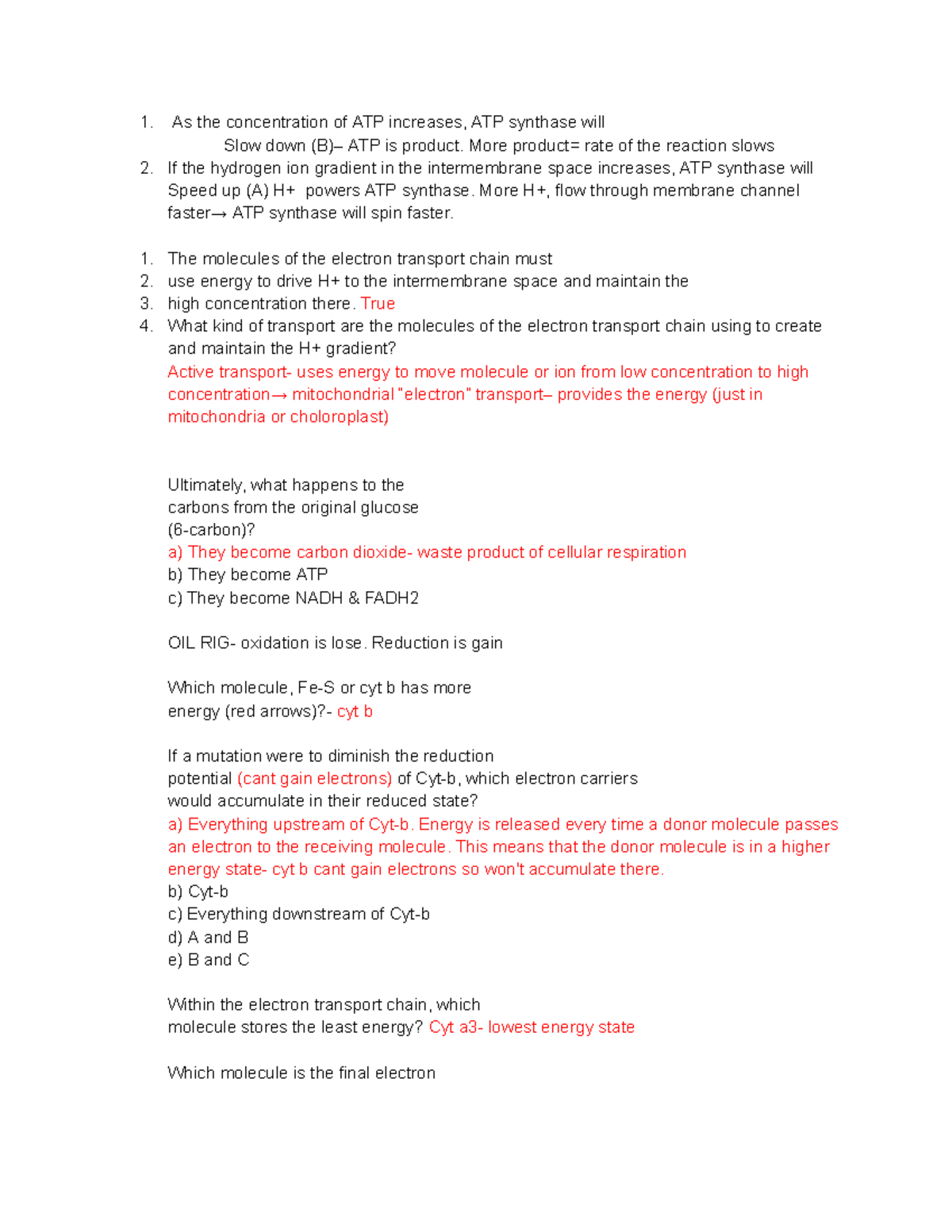 Bio 113 notes - As the concentration of ATP increases, ATP synthase ...