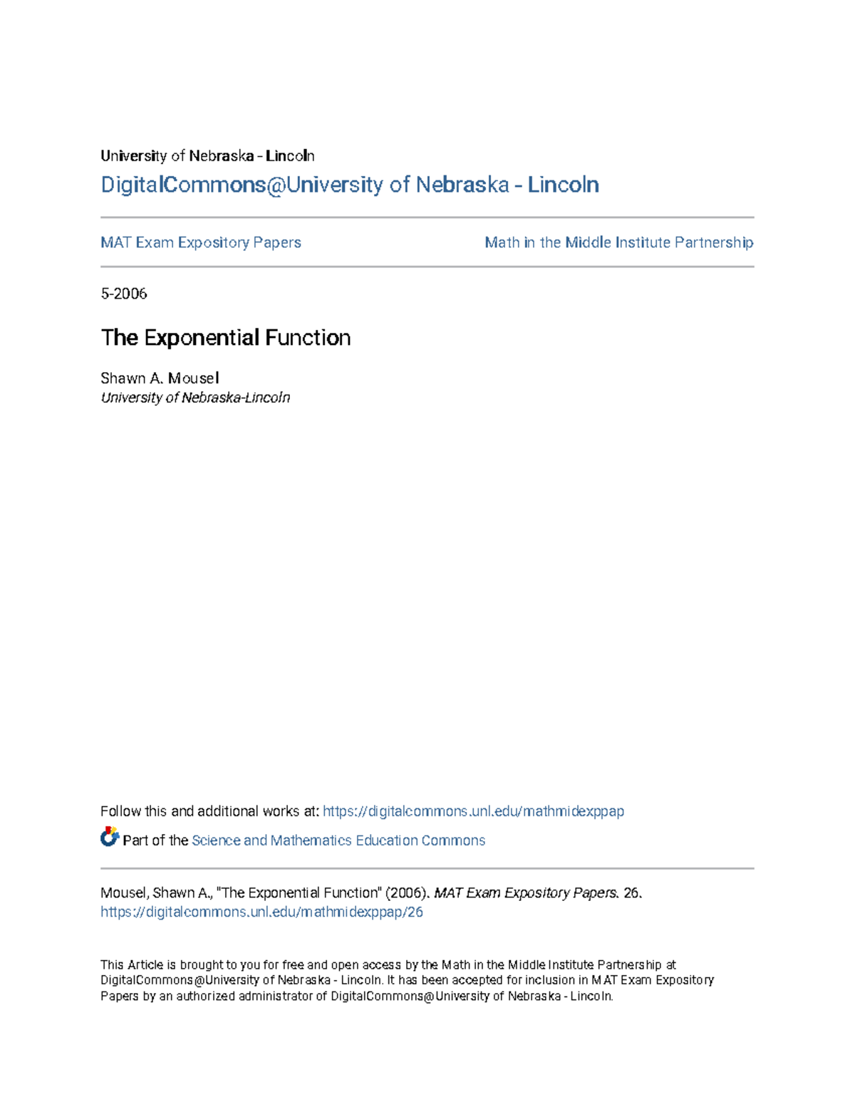 The Exponential Function - University of Nebraska - LincolnUniversity ...