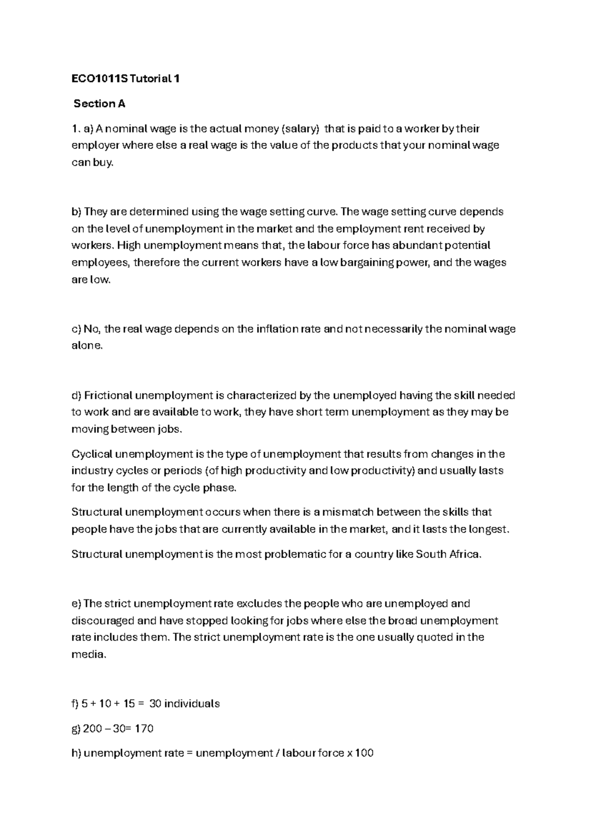 ECO1011S Tutorial 1 - ECO1011S Tutorial 1 Section A a) A nominal wage is the actual money ...