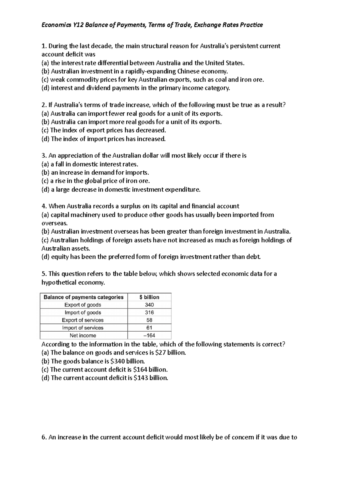 Economics Balance of Payments, Terms of Trade, Exchange Rates Practice ...