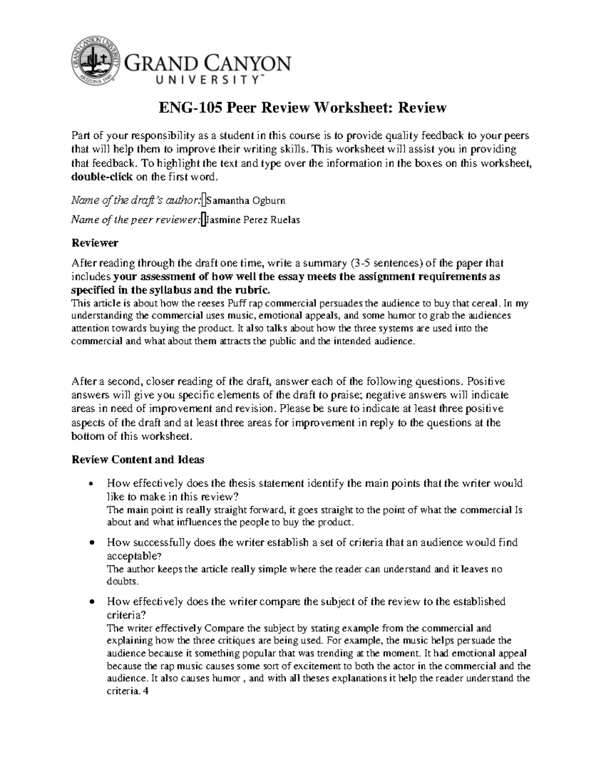 ENG105 Review Peer Review Worksheet - ENG-106 - GCU - Studocu