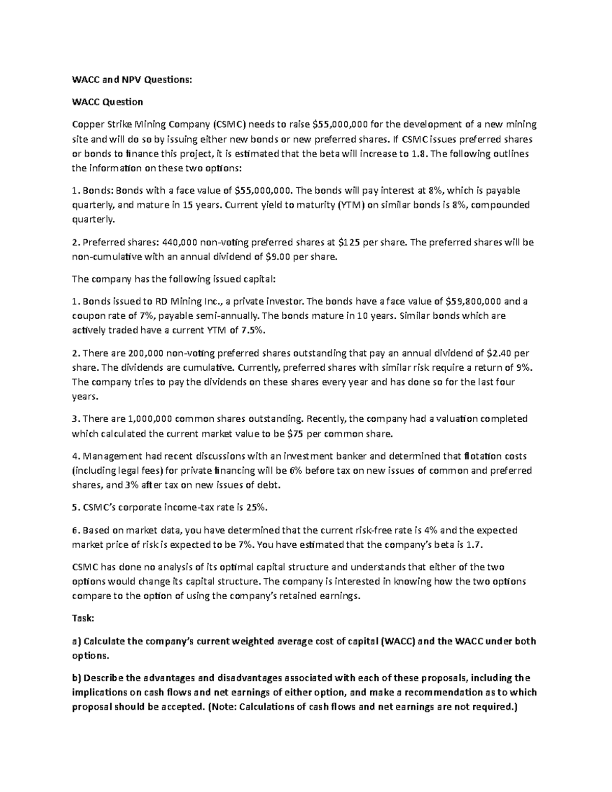 WACC and NPV Questions - Corp Finance practice modules - WACC and NPV ...