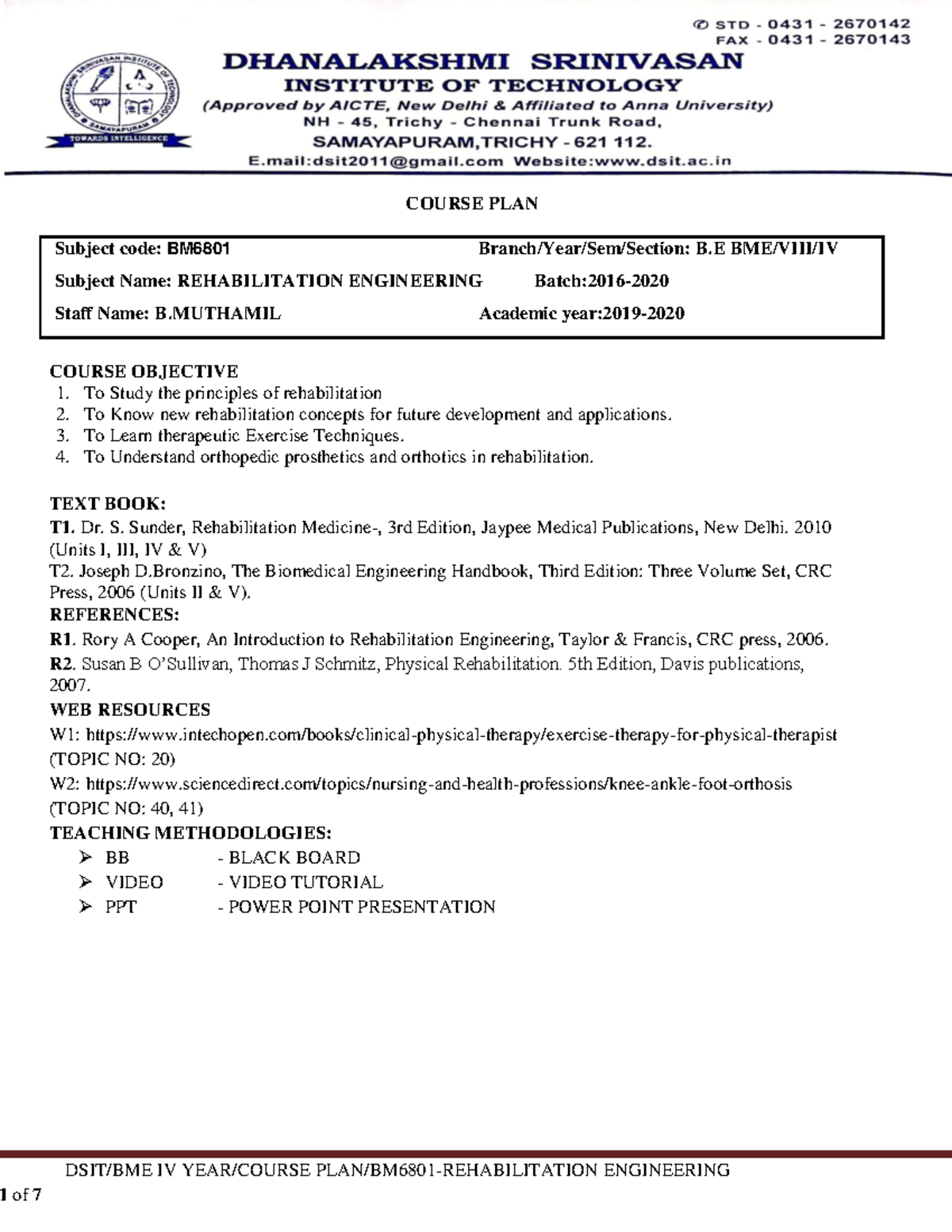 BM6801 Rehab Lesson PLAN - DSIT/BME IV YEAR/COURSE PLAN/BM6801 ...