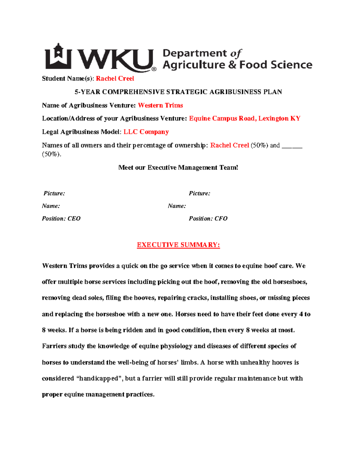Ag entrepren project - Student Name(s): Rachel Creel 5-YEAR ...