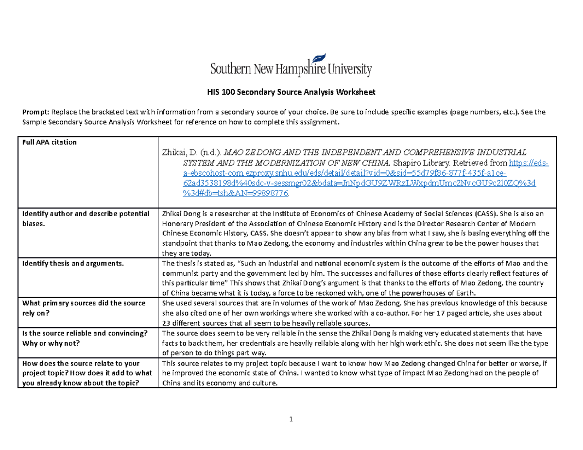 HIS-100 3-4 Activity Secondary Source Analysis Worksheet - HIS 100 ...