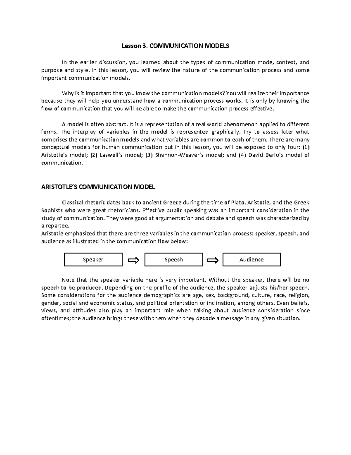 GEC 105 Lesson 3 - study well - Lesson 3. COMMUNICATION MODELS In the earlier discussion, you ...