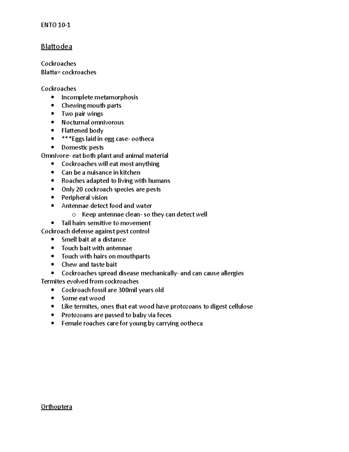 ENTO 10-1 - Lecture notes 13 - ENTO 10- Blattodea Cockroaches Blatta ...