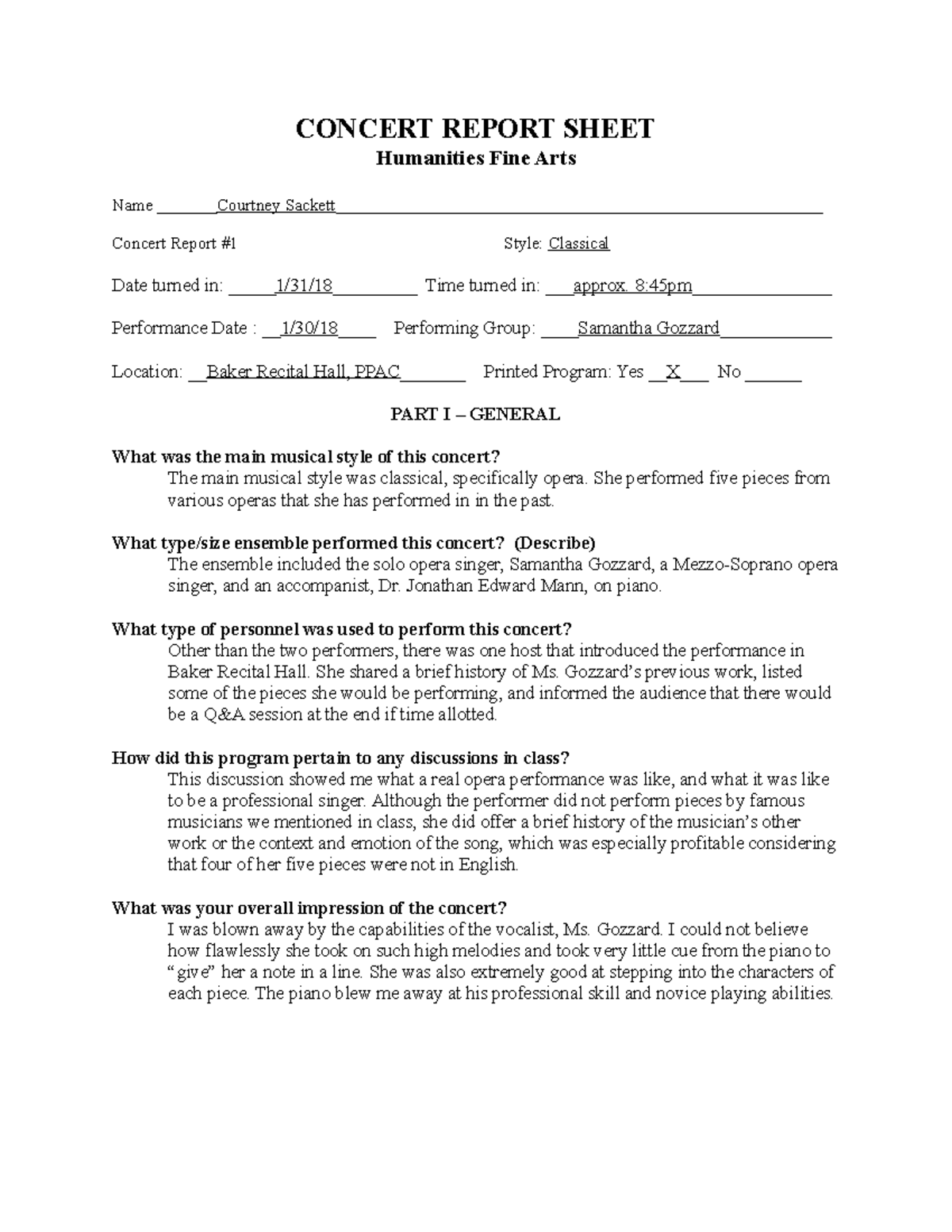 Concert Report Sheet 1 - CONCERT REPORT SHEET Humanities Fine Arts Name ...