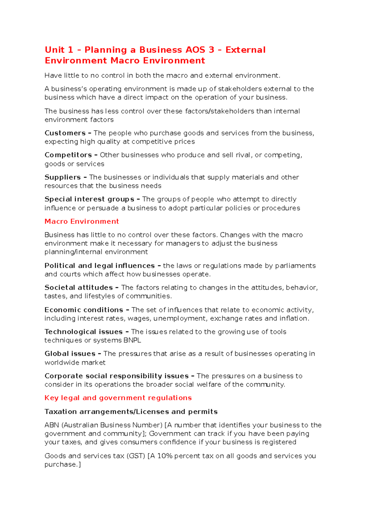 Unit 1 AOS 3 Notes - Unit 1 – Planning a Business AOS 3 – External ...