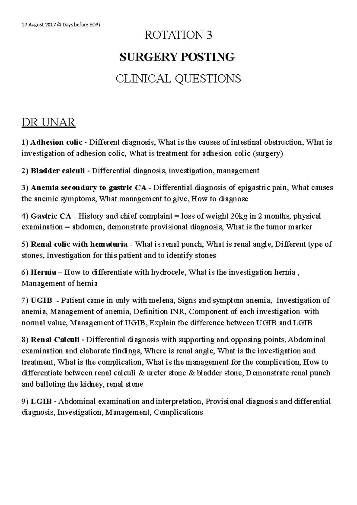 Rotation 3 Surgery Posting Clinical Questions - ROTATION 3 SURGERY ...