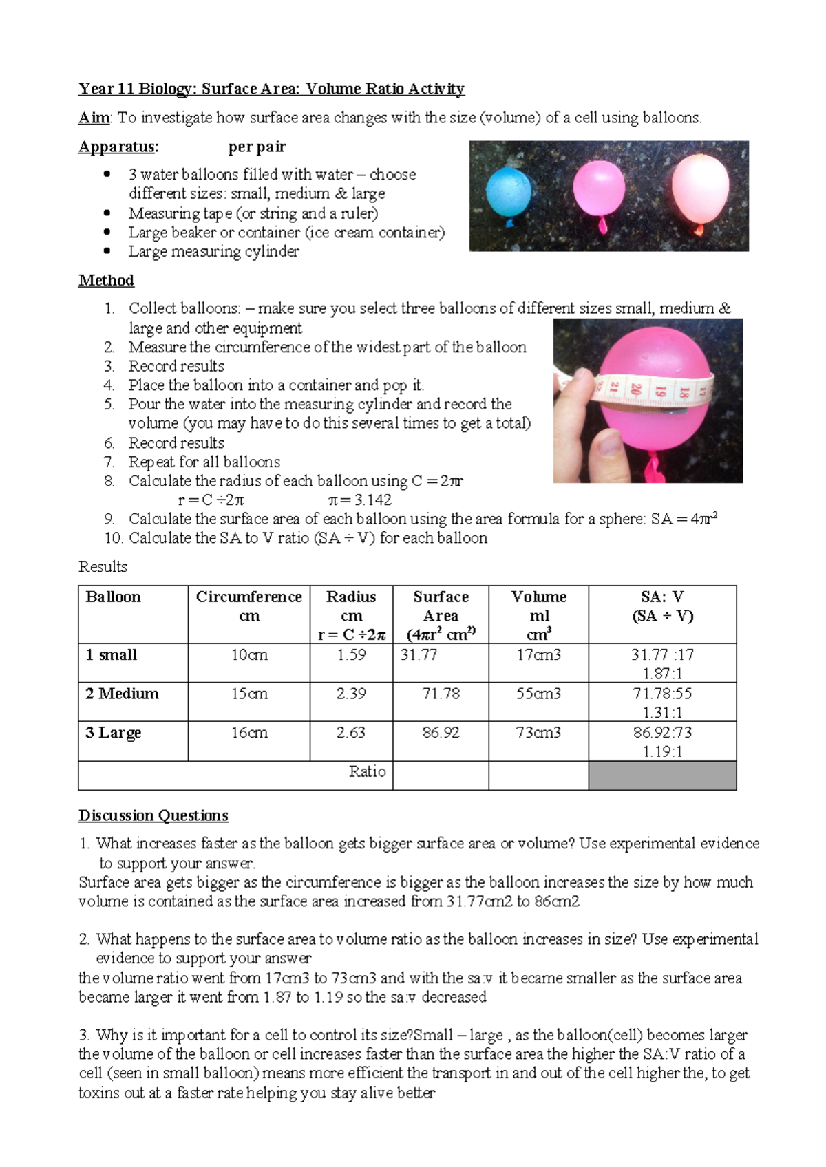 SA to Volume Ratio Balloon Activity - Aim: To investigate how surface ...