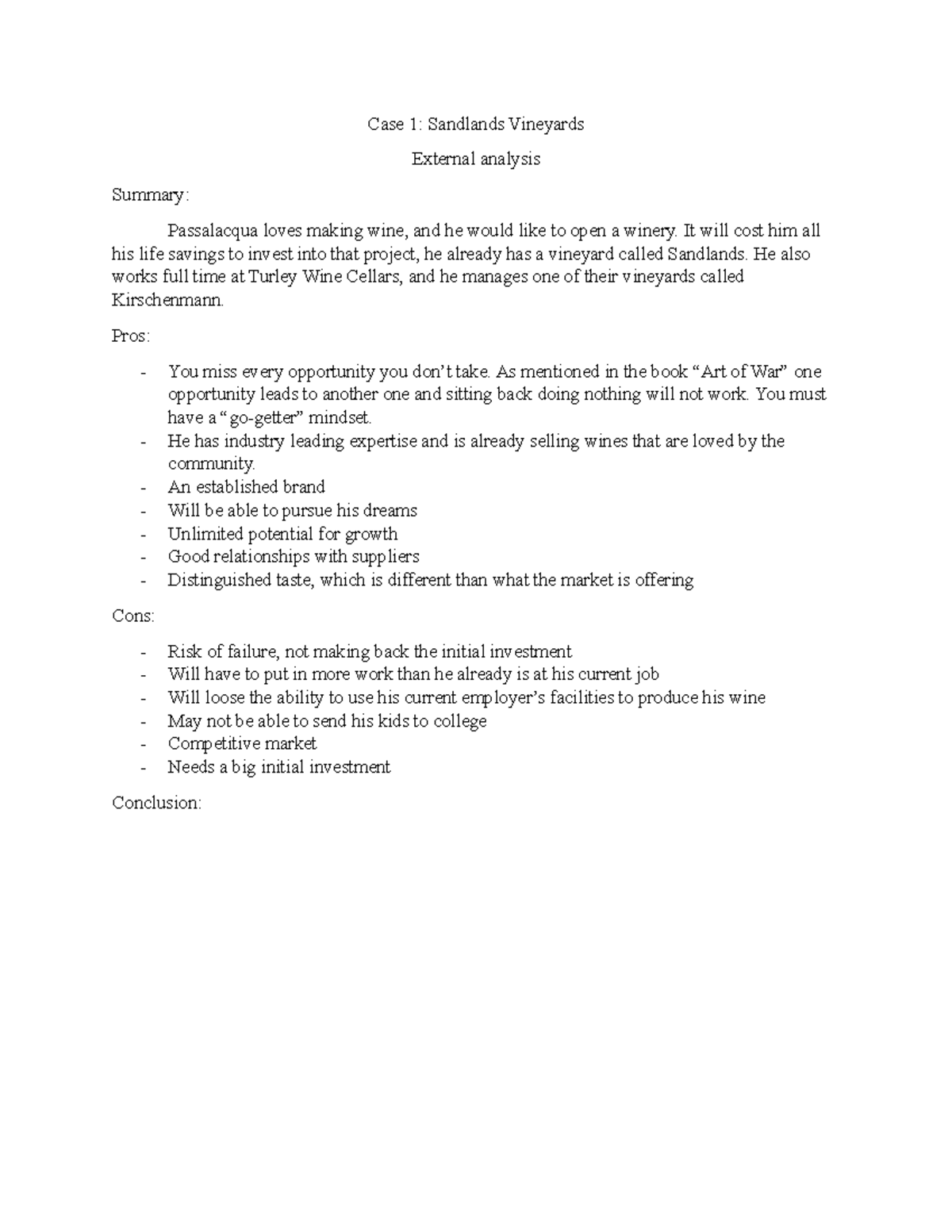 Sandlands-Vineyards-Notes - Case 1: Sandlands Vineyards External ...