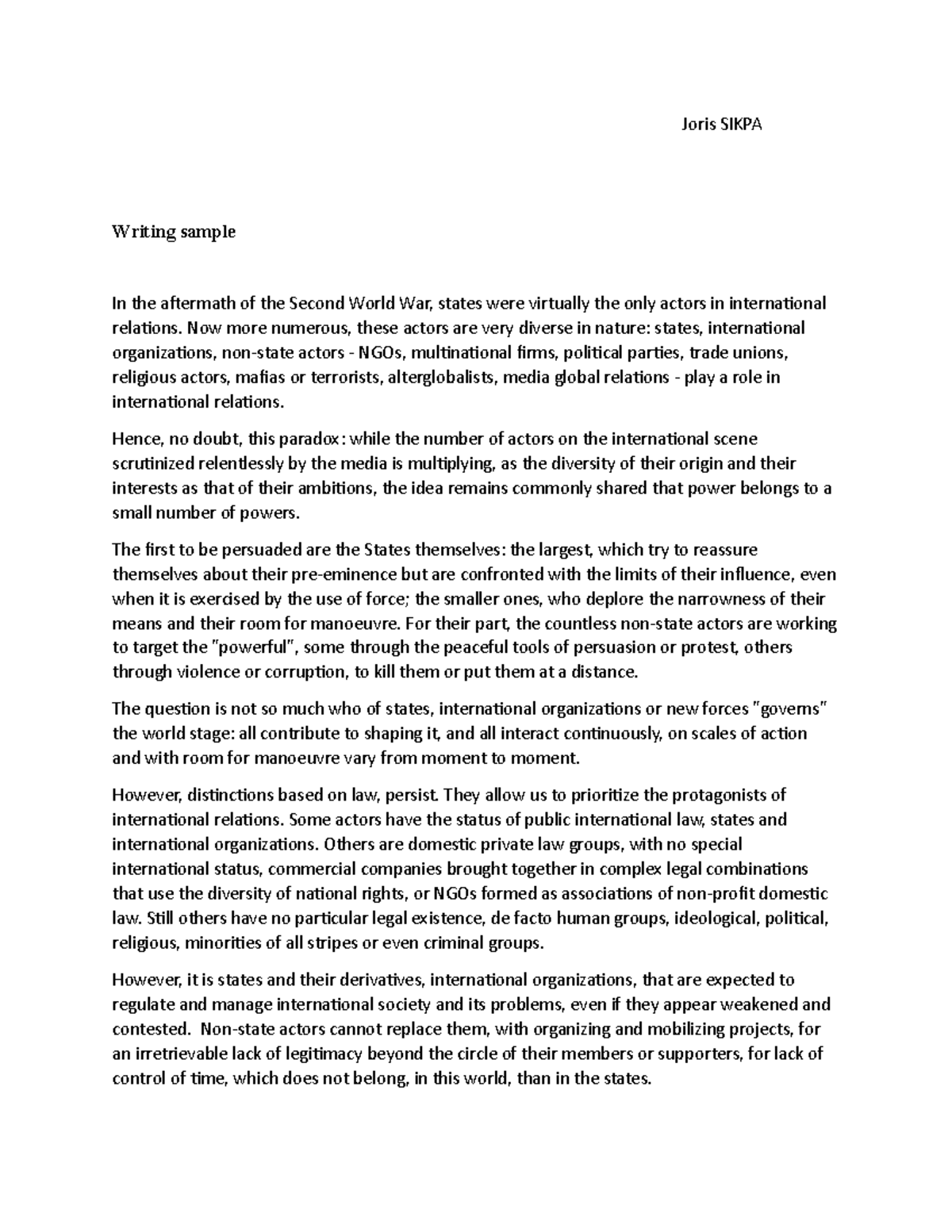 Writing sample - Very good - Joris SIKPA Writing sample In the ...