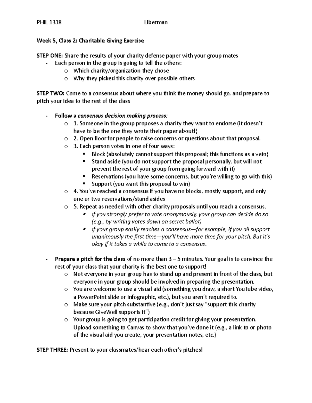 W5C2 Charity Exercise Instructions Handout - PHIL 1318 Liberman Week 5 ...