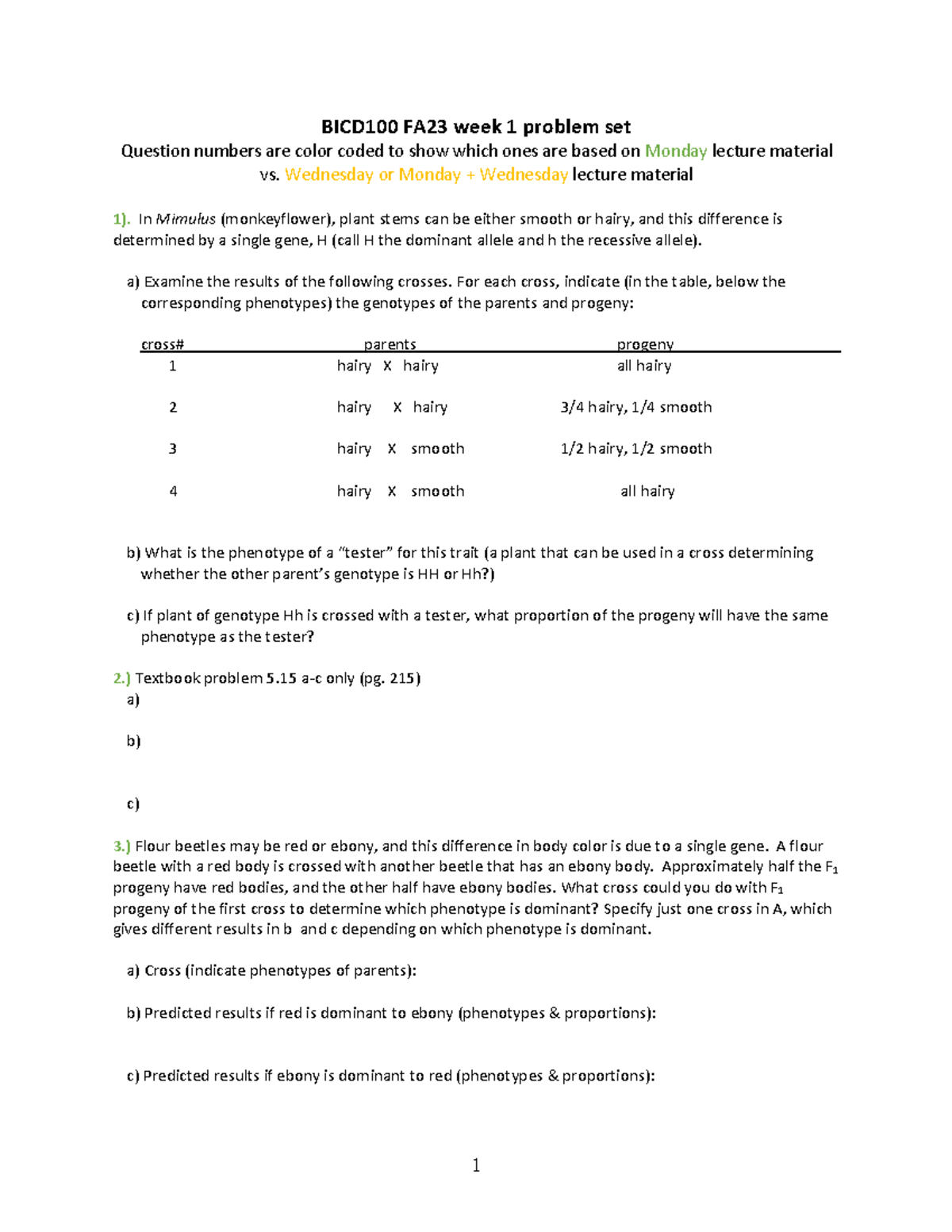 BICD100 FA23 week 1 problem set corrected - BICD100 FA23 week 1 problem set Question numbers are ...