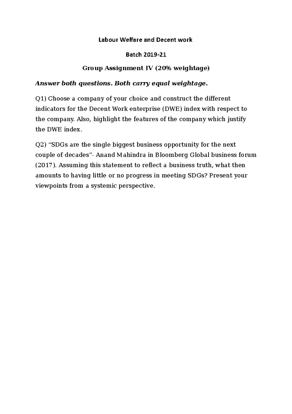 Labour Welfare and Decent Work - Labour Welfare and Decent work Batch ...