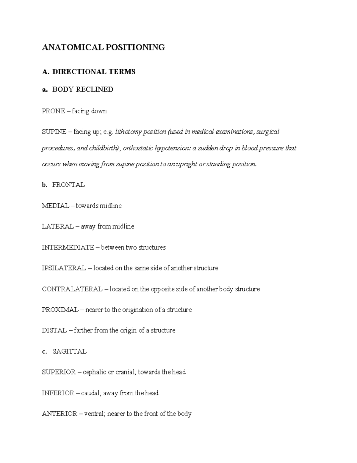 Anatomical Positioning - ANATOMICAL POSITIONING A. DIRECTIONAL TERMS a ...