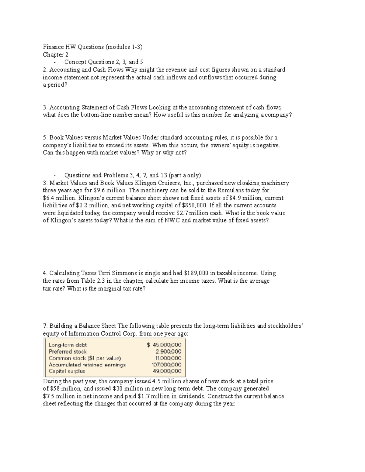 Finance HW Questions (module 1-3) - Finance HW Questions (modules 1-3 ...