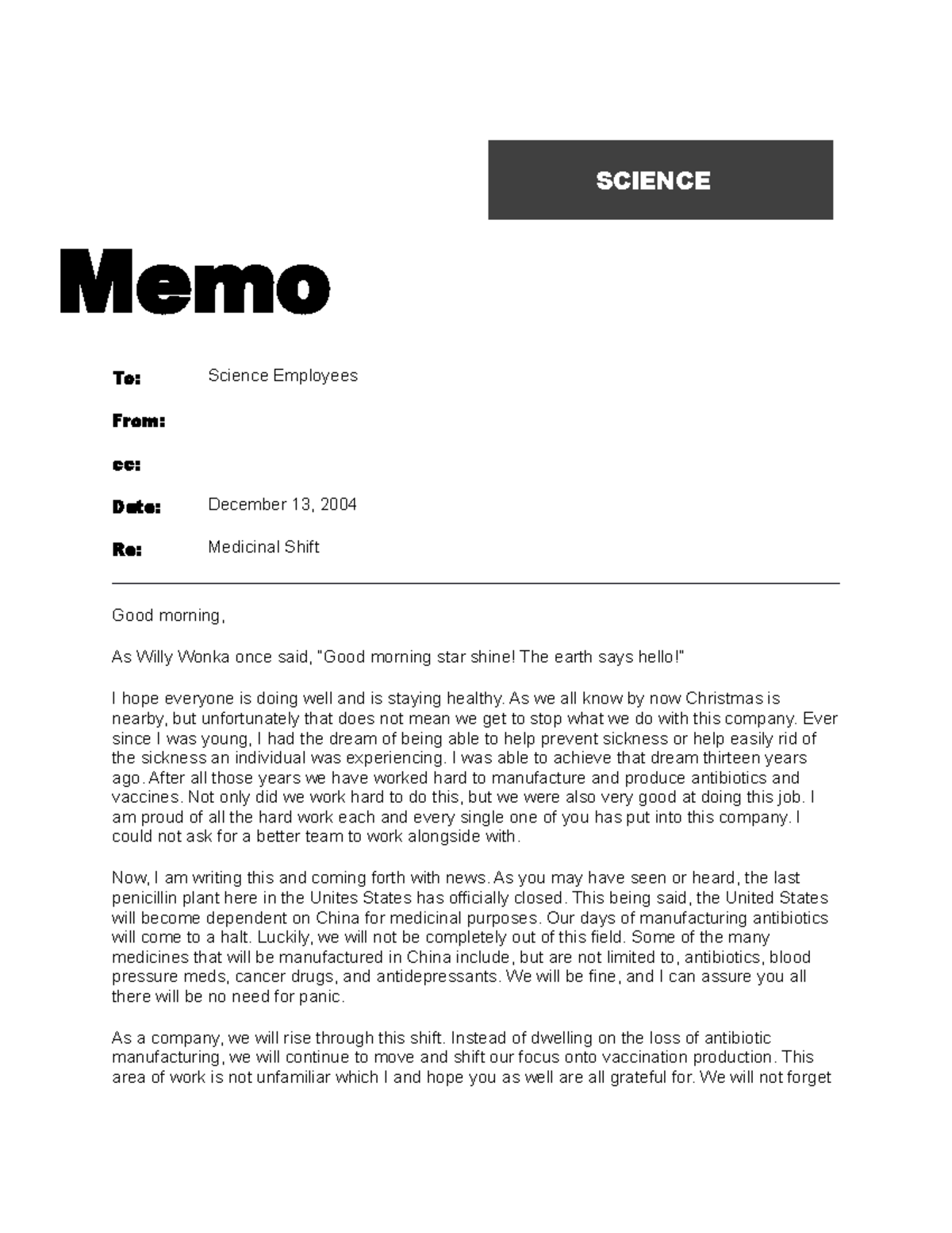 Paradigm Shift Memo - SCIENCE Memo To: Science Employees From: cc: Date ...