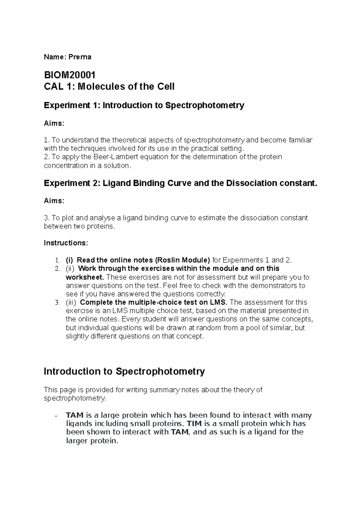 BIOM2000 1 student worksheet CAL 1 - Name: Prerna BIOM CAL 1: Molecules ...