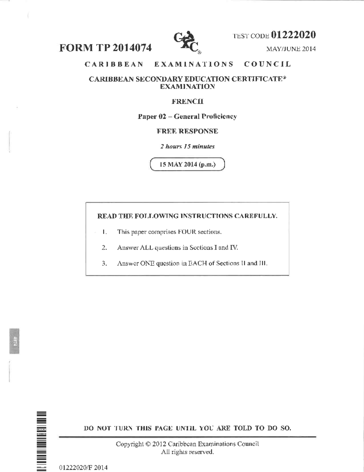 June 2014 p2 - csec pratice paper - FORM TP 2014074 qb. TEST ...