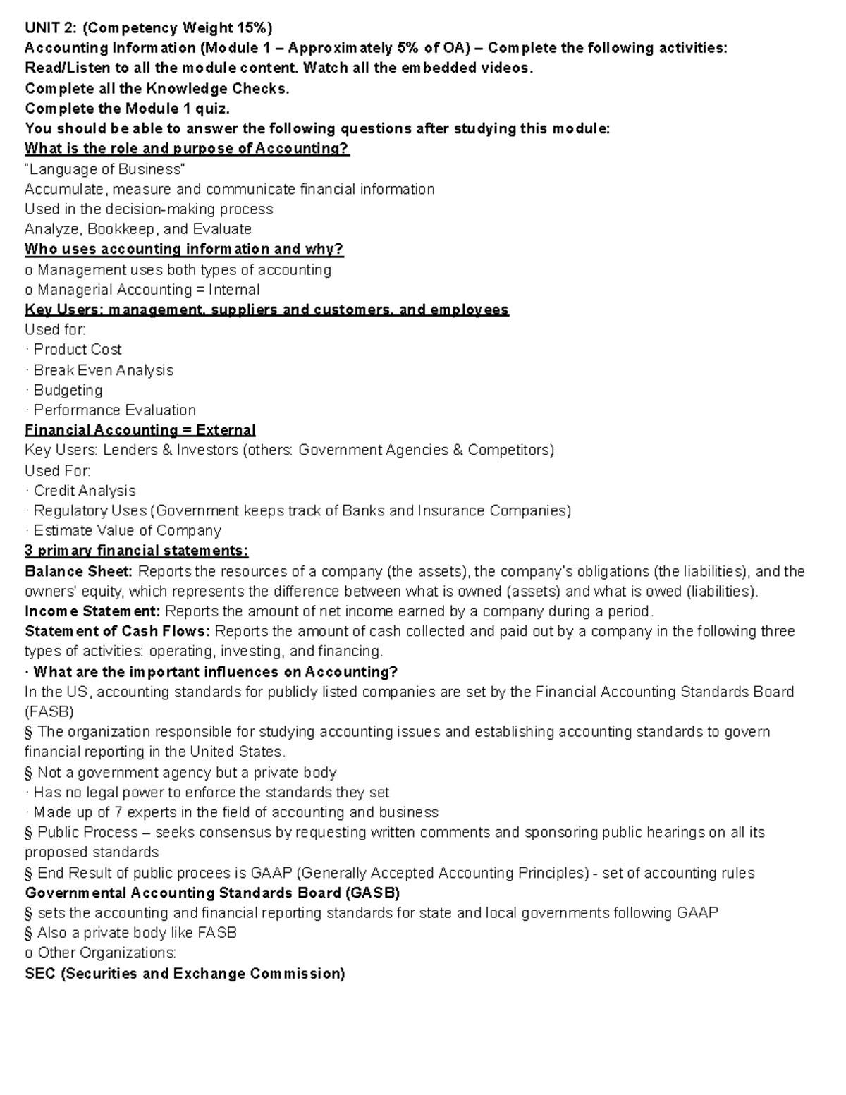 D196 study guide - UNIT 2: (Competency Weight 15%) Accounting ...
