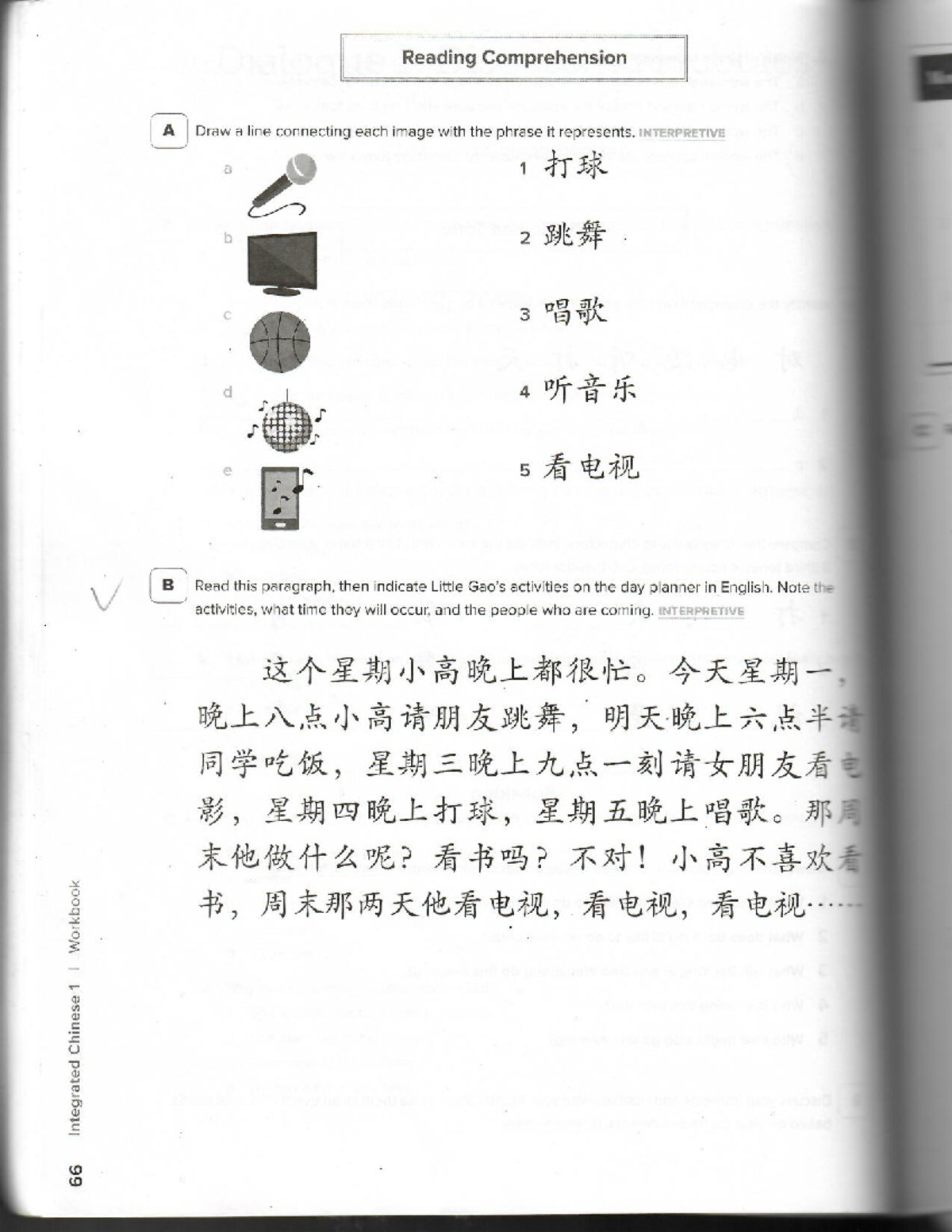 Integrated Chinese Workbook 1 pg 66-67, 69-70 - Reading Comprehension A ...