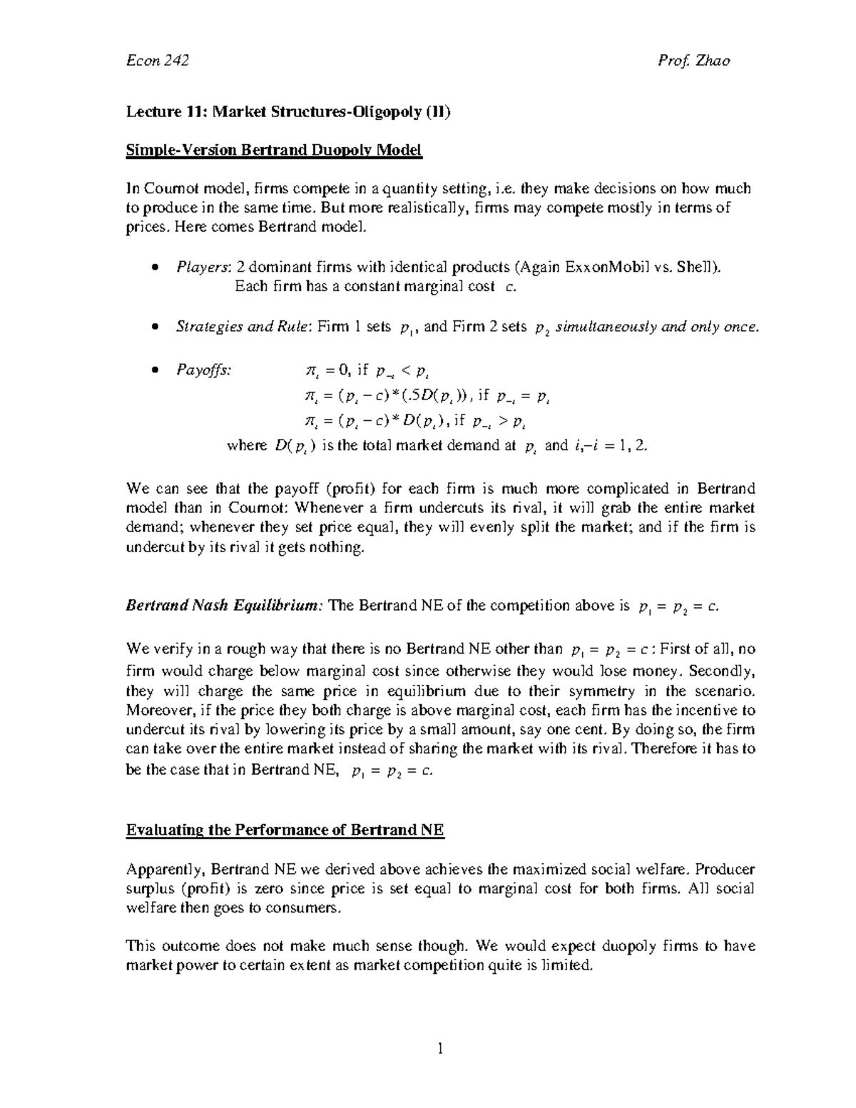 Econ 242 Prof. Zhao Lecture 11: Market (II) Bertrand Duopoly Model - Studocu