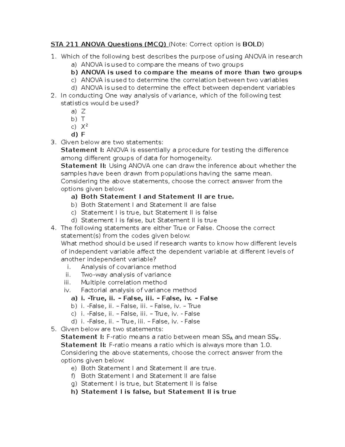 STA 211 Anova Questions - STA 211 ANOVA Questions (MCQ) (Note: Correct ...