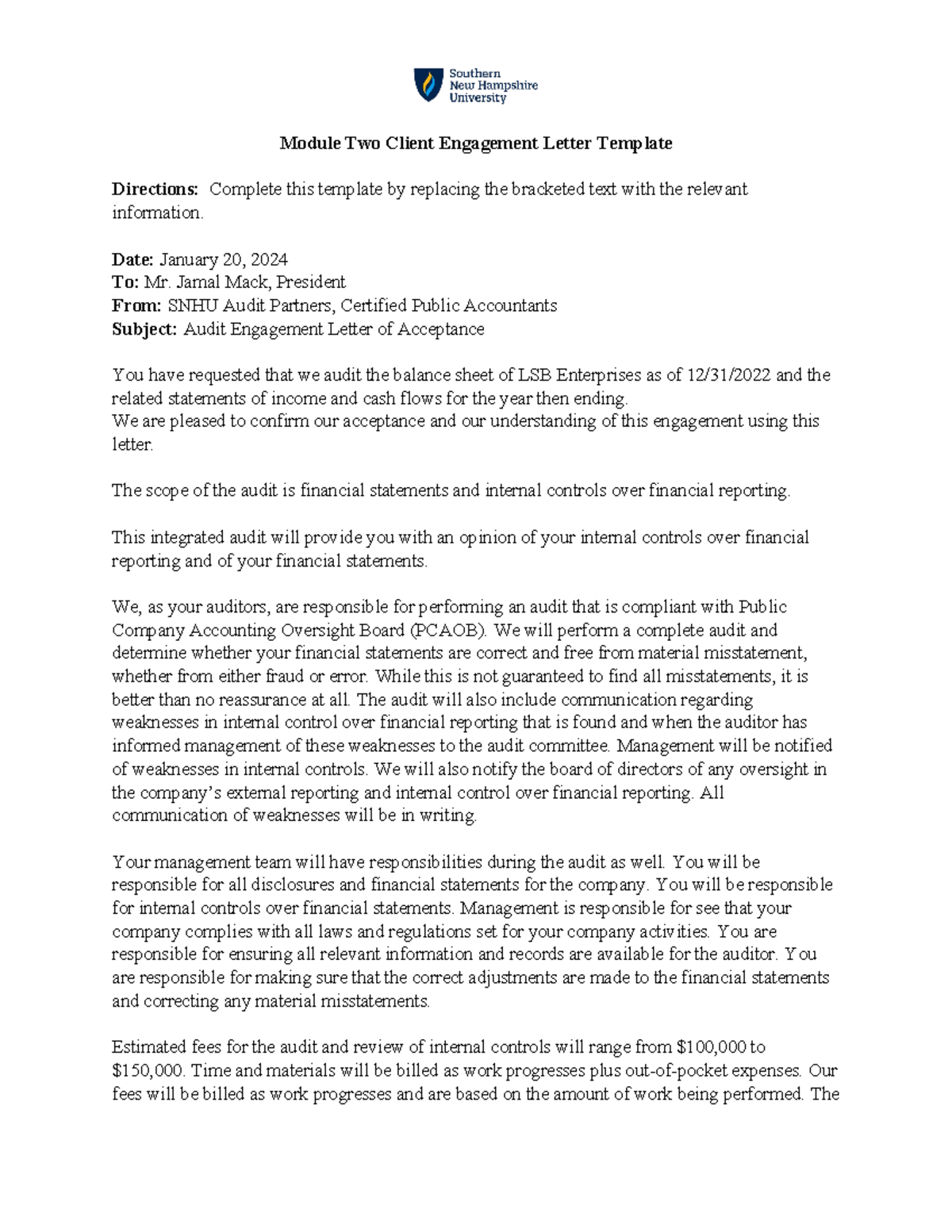 ACC 411 Module Two Client Engagement Letter Template - Module Two ...