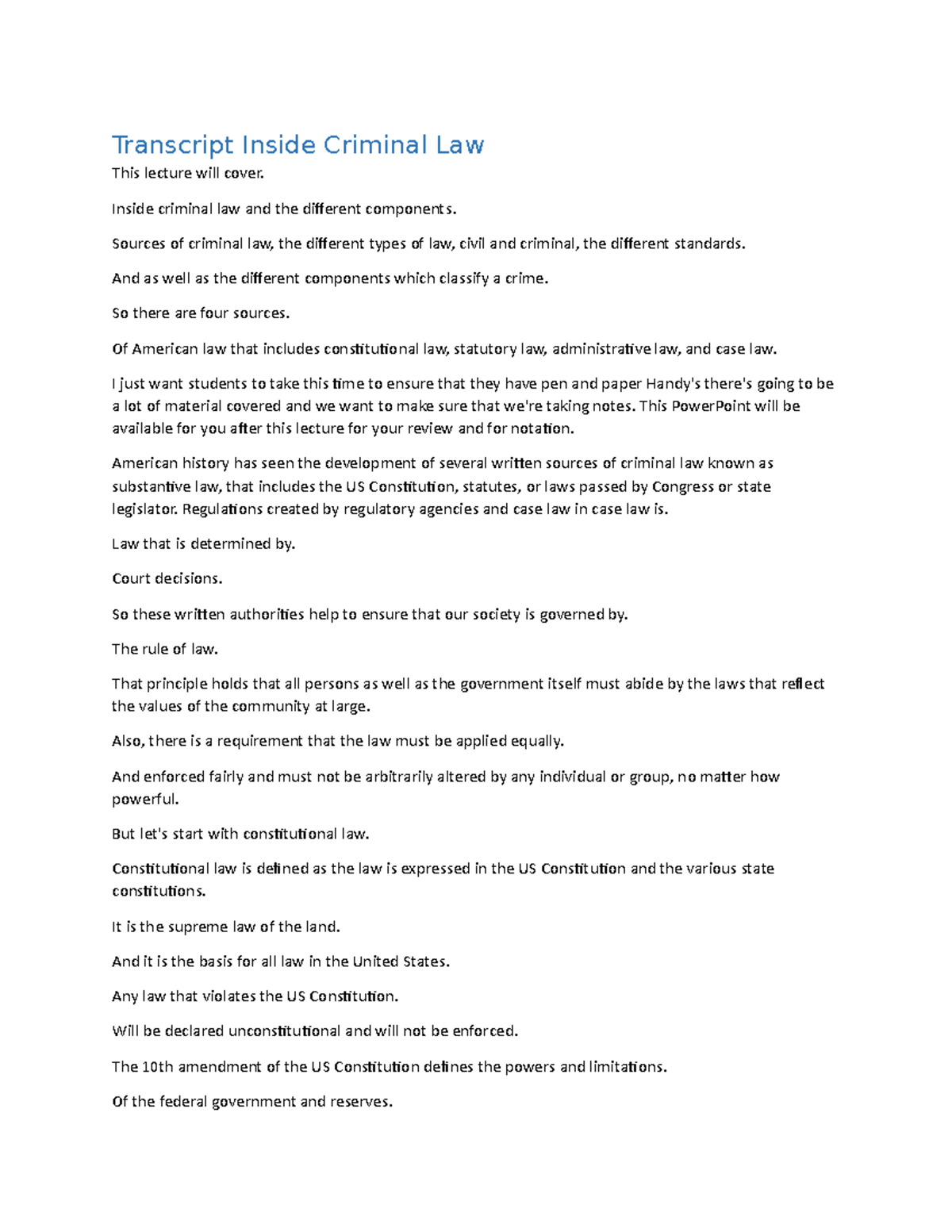 Inside Criminal Law Lecture 1 Transcript - Transcript Inside Criminal ...