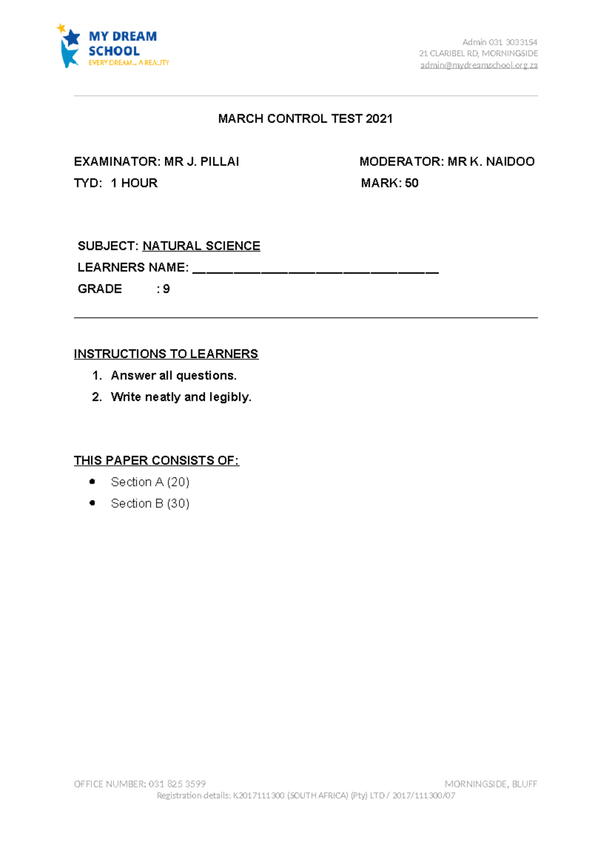 Grade 9 NS Paper 2021 - 21 CLARIBEL RD, MORNINGSIDE admin@mydreamschool ...