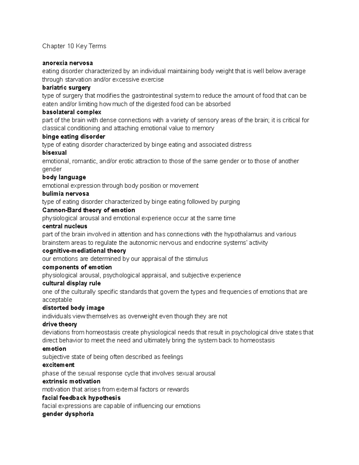 Chapter 10 Key Terms - vocab - Chapter 10 Key Terms anorexia nervosa ...