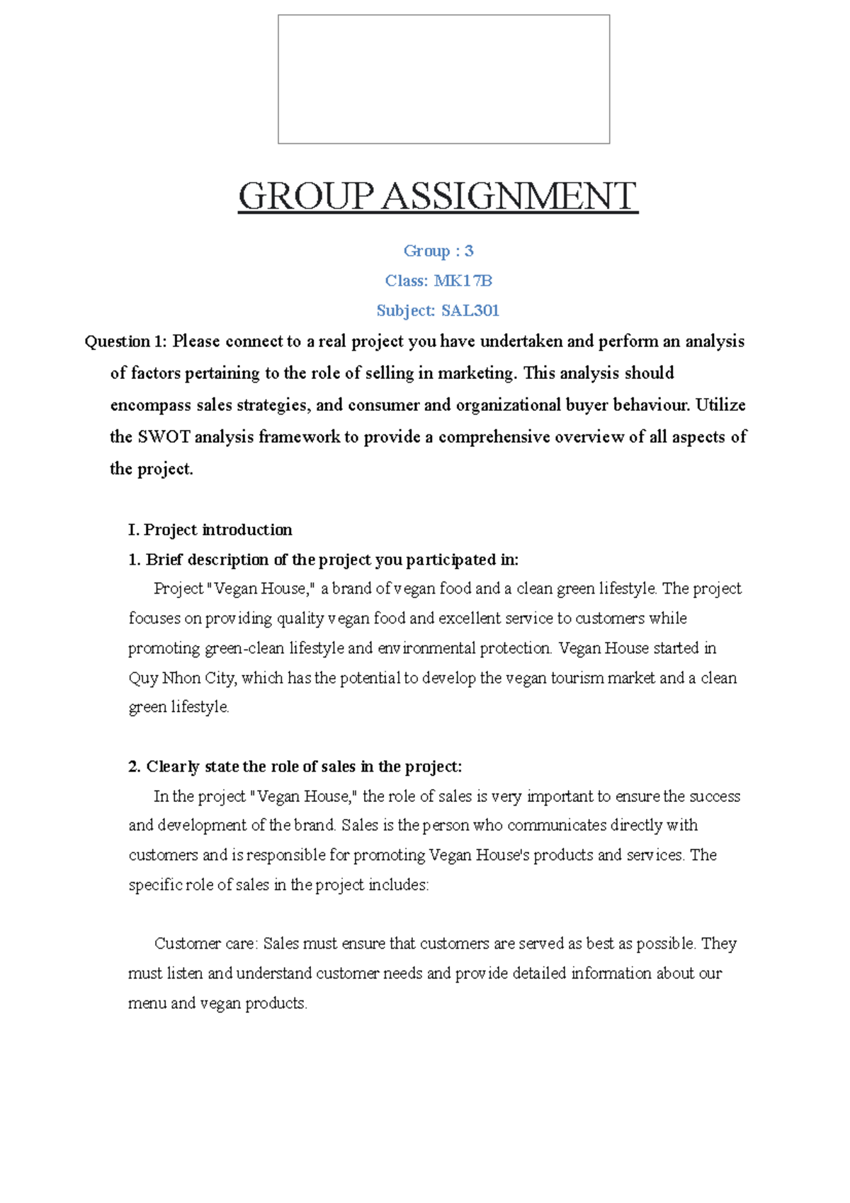 SAL201 Group 3 MK17B - BAI TAP NHOM - GROUP ASSIGNMENT Group : 3 Class ...