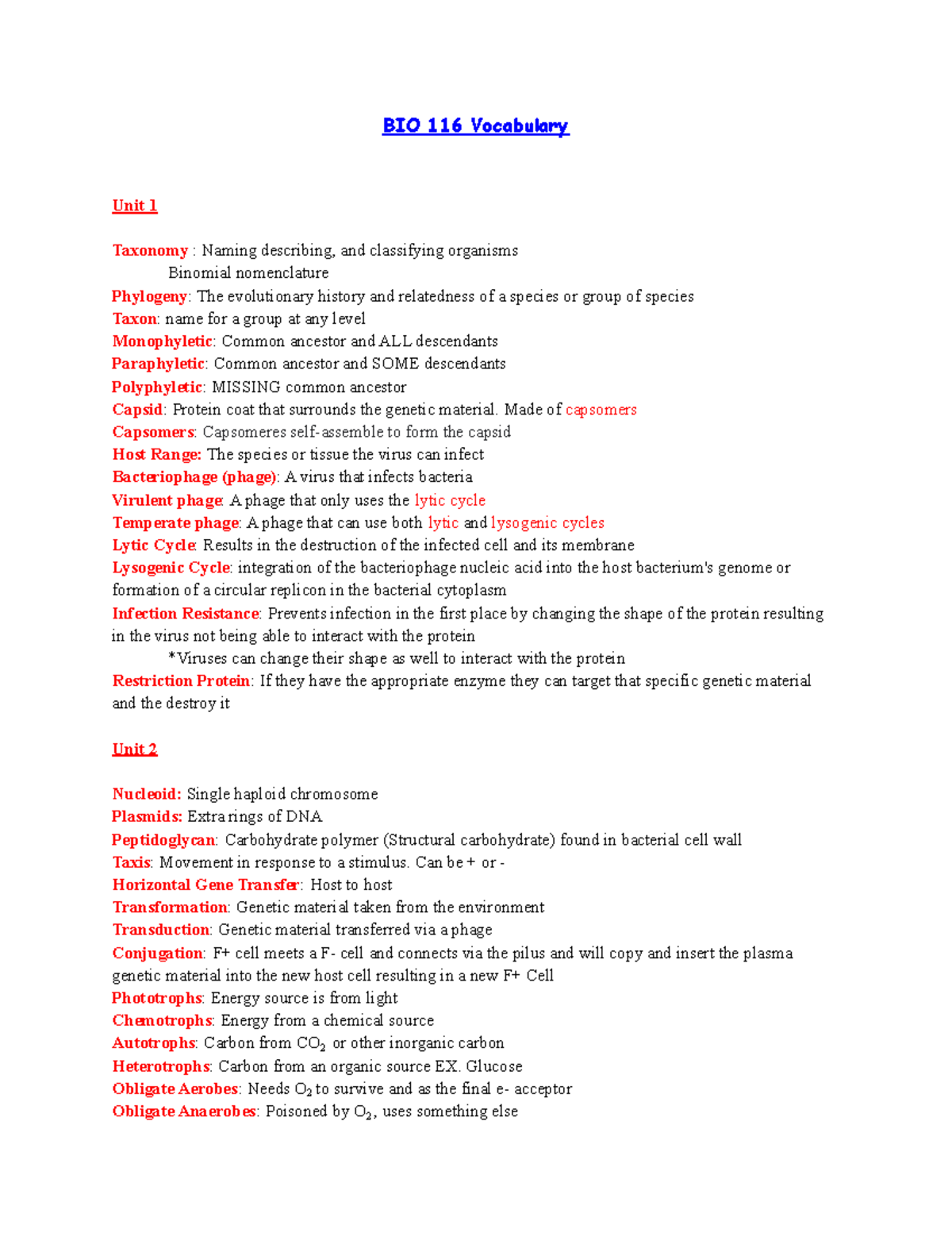 Summer 21 Bio 116 Vocabulary - BIO 116 Vocabulary Unit 1 Taxonomy ...