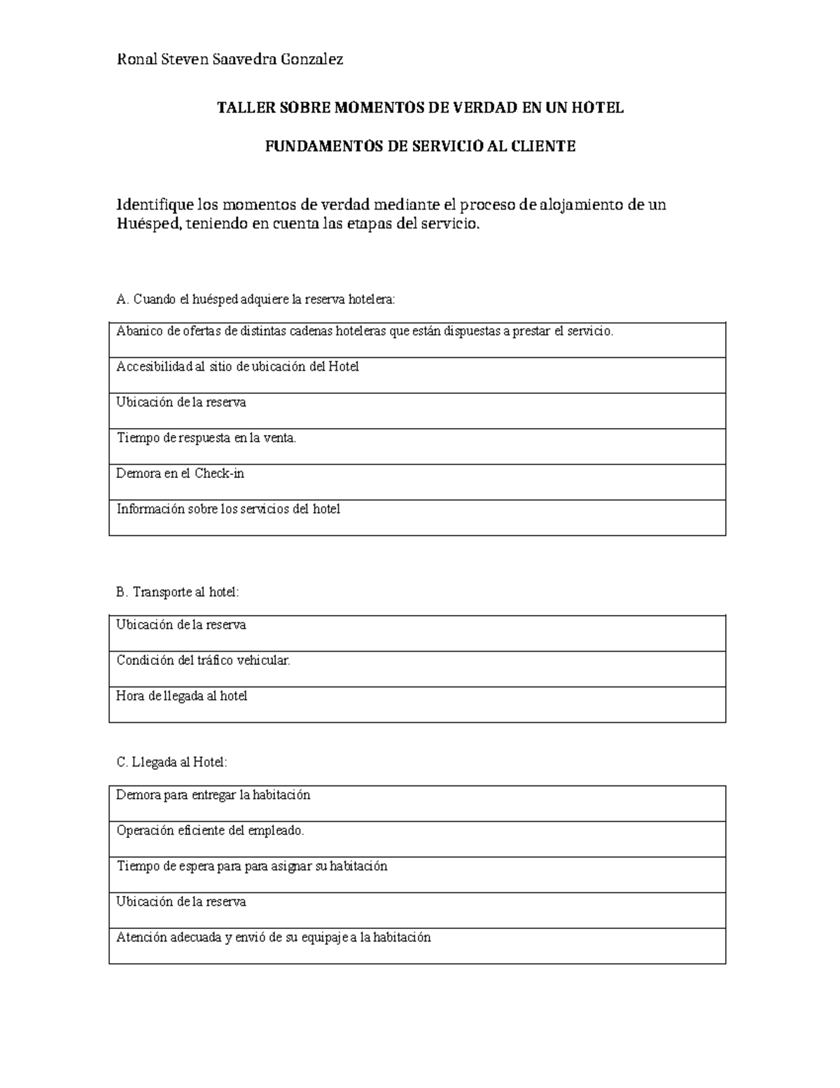 Taller Sobre Momentos DE Verdad EN un hotel - Ronal Steven Saavedra ...