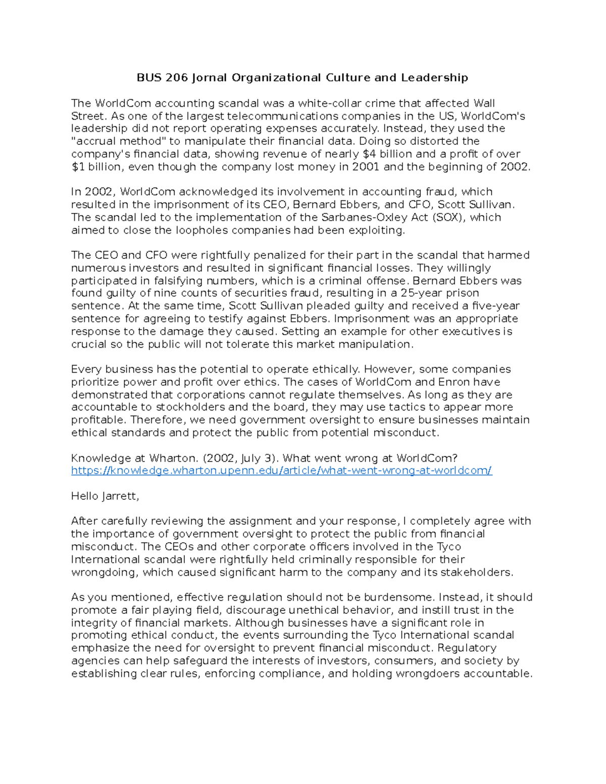 BUS 206 Module 4 - Discussion - BUS 206 Jornal Organizational Culture ...