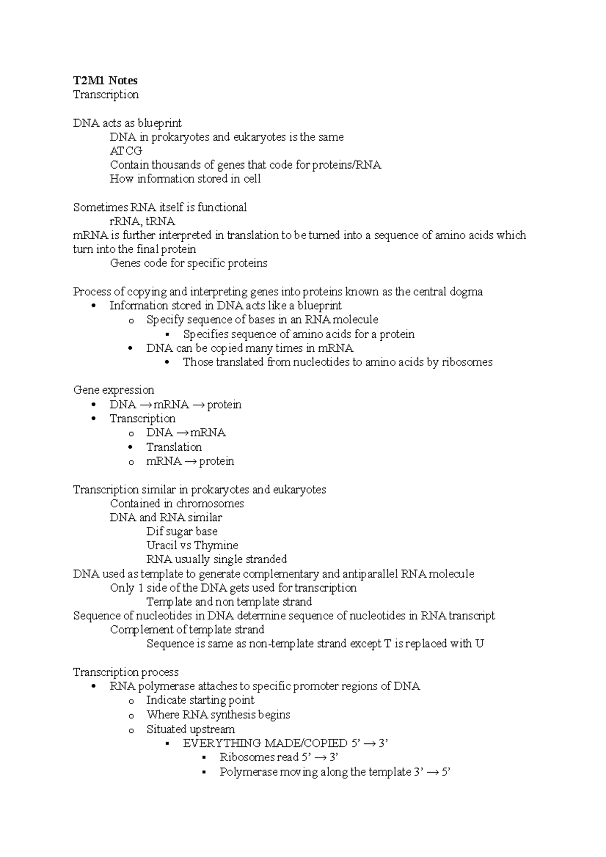 Bio 1A03 T2M1 Notes - T2M1 Notes Transcription DNA acts as blueprint ...