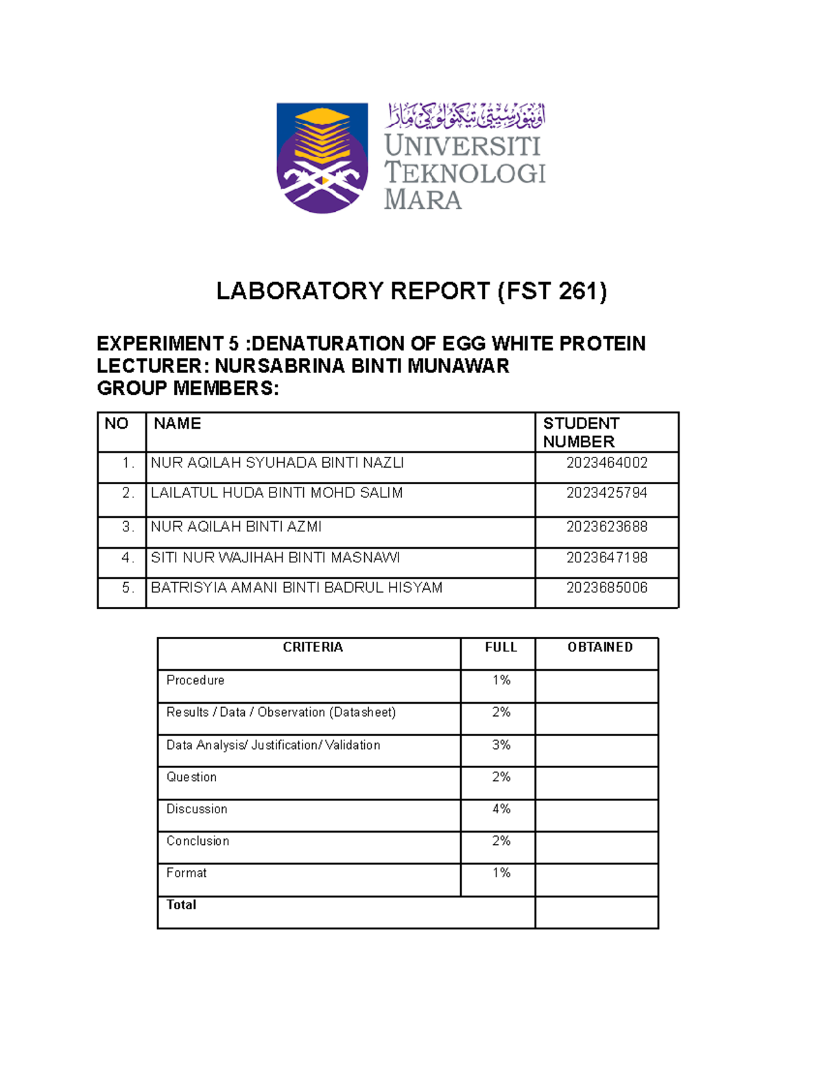 FST261 LAB Report Experiment 5 - LABORATORY REPORT (FST 261) EXPERIMENT ...