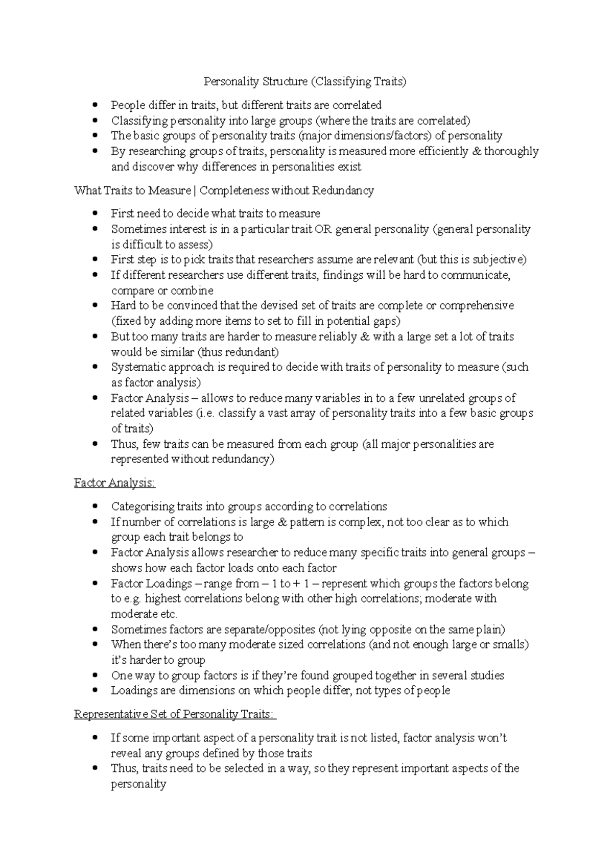 Chapter 3 - Lecture notes 3 - Personality Structure (Classifying Traits ...