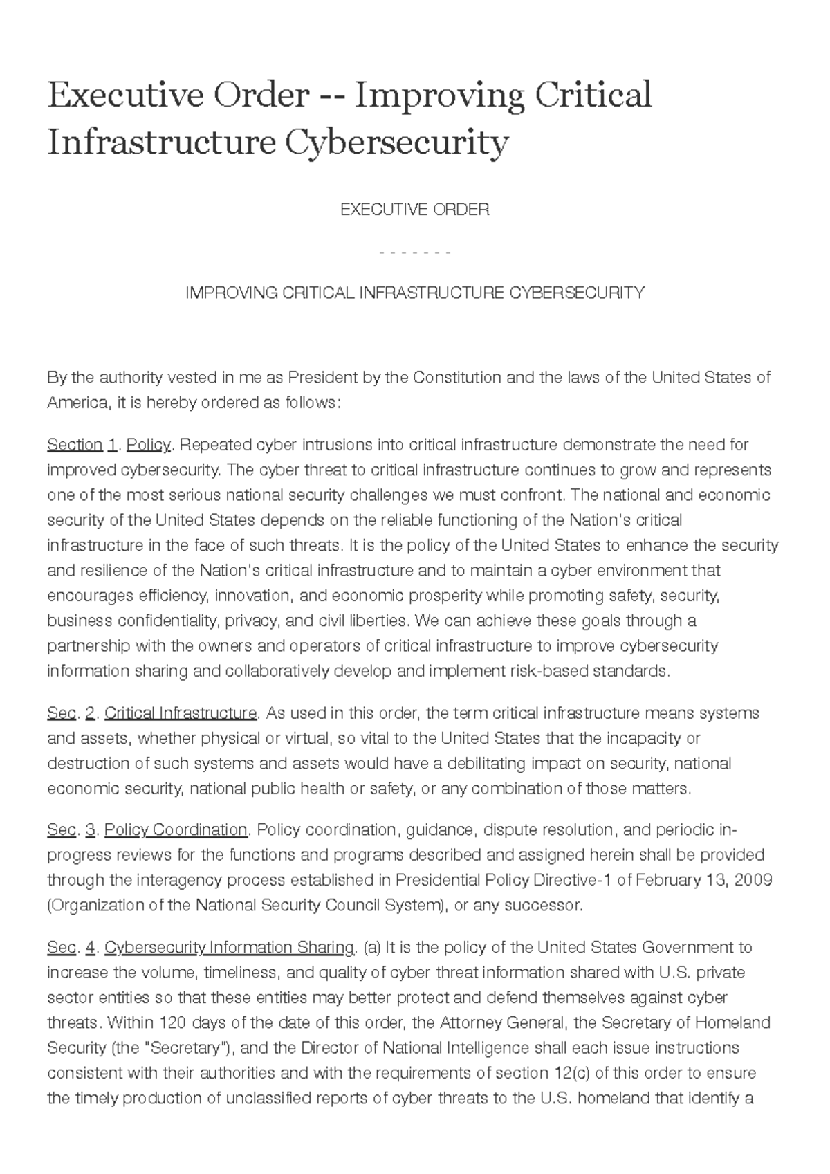 W1 Executive Order - Improving Critical Infrastructure Cybersecurity - Executive Order ...