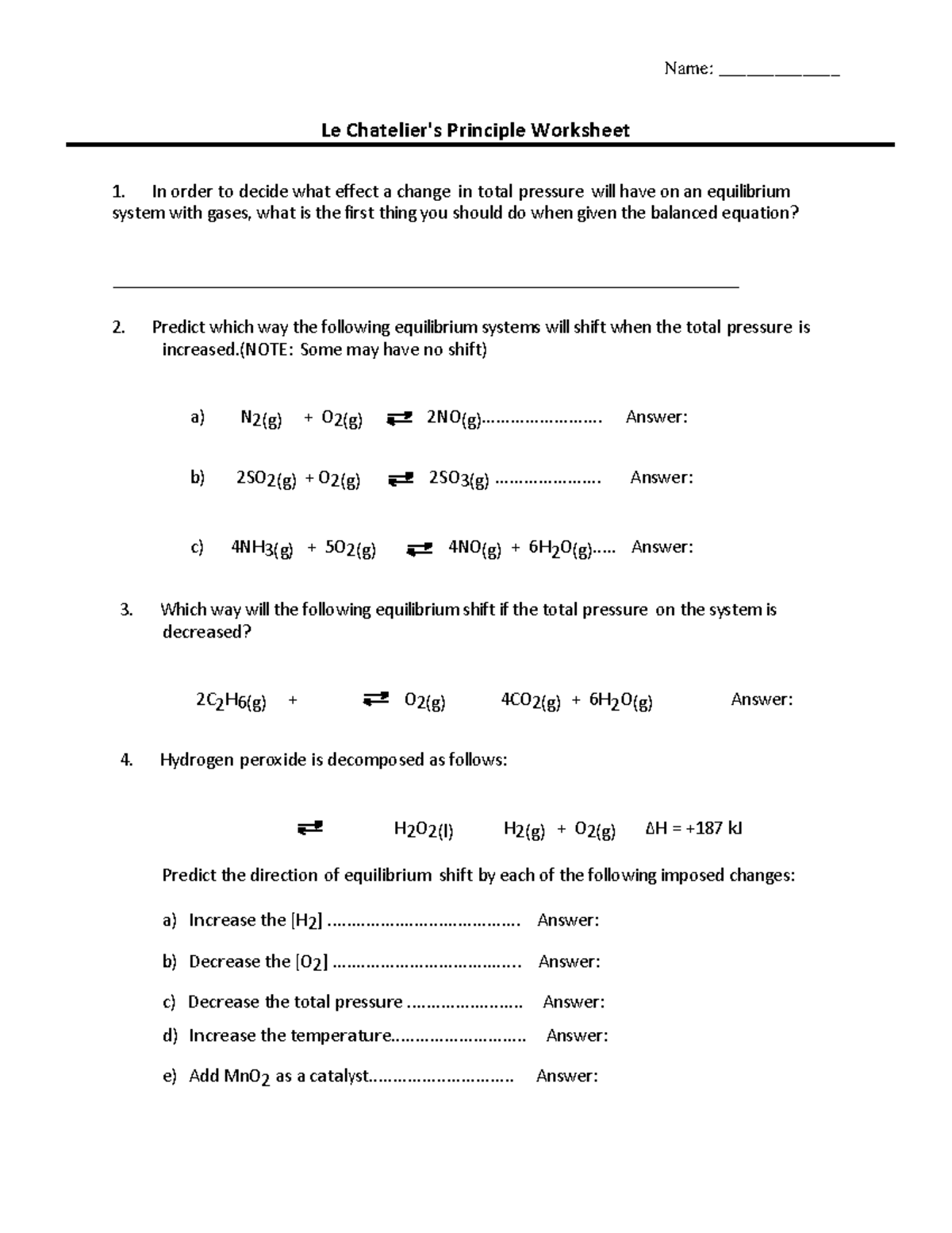 2b. Le Chatelier's Questions - Le Chatelier's Principle Worksheet In ...